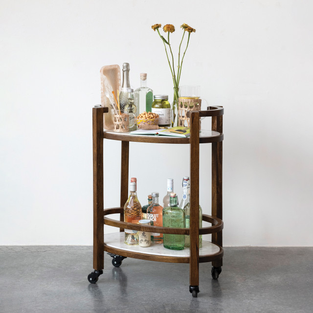 Mango Wood and Marble 2-Tier Bar Cart, Walnut and White - Transitional ...