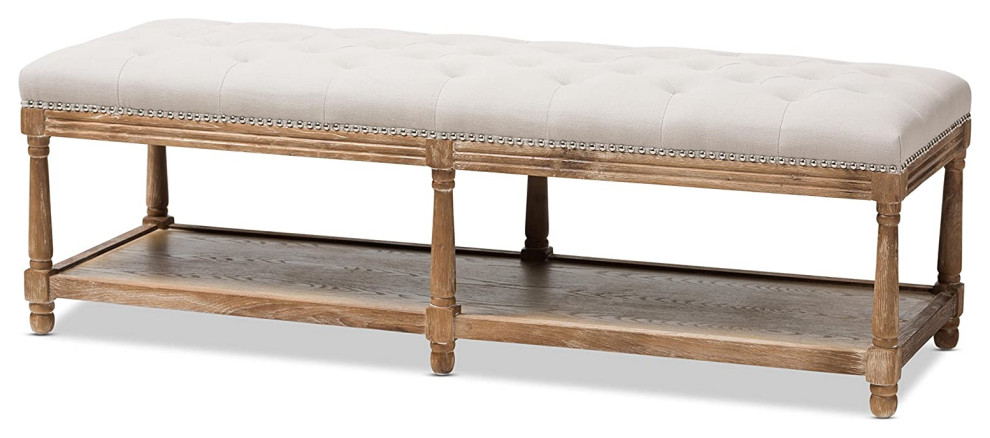 French Country Storage Bench, Carved Frame & Beige Linen Seat With ...