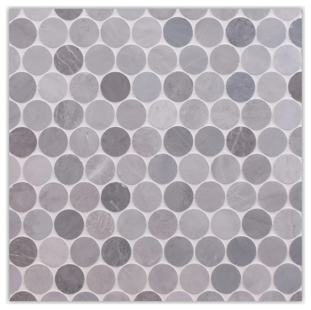 Mountain Gray Honed Penny Round Marble Mosaic, 12 1/2x14 1/2 ...