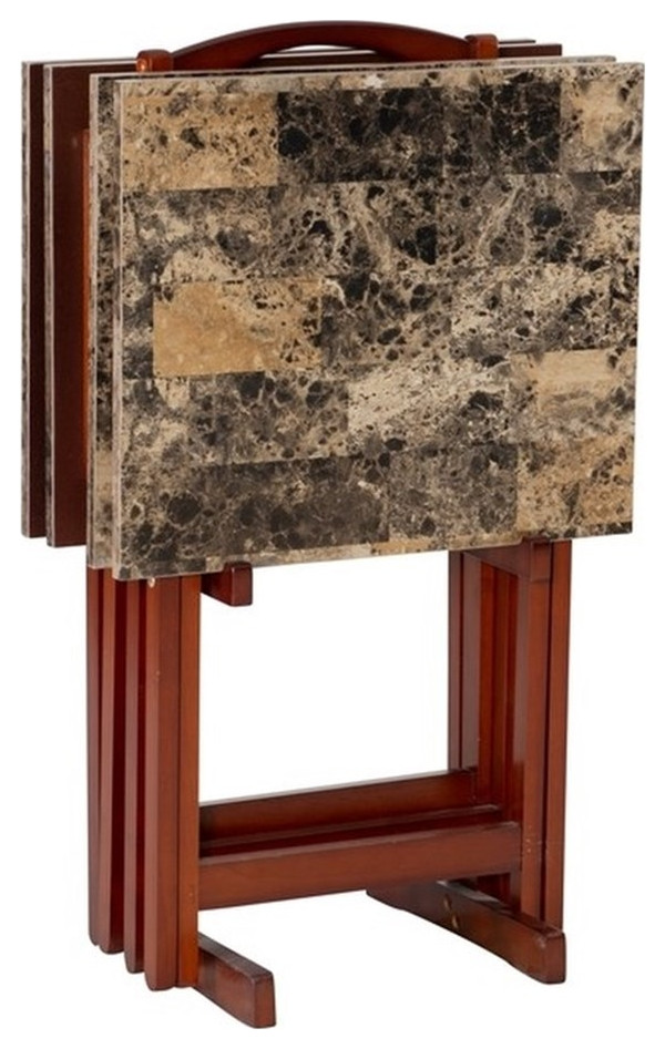 Linon Faux Marble Wood Five Piece Tray Table Set in Brown ...