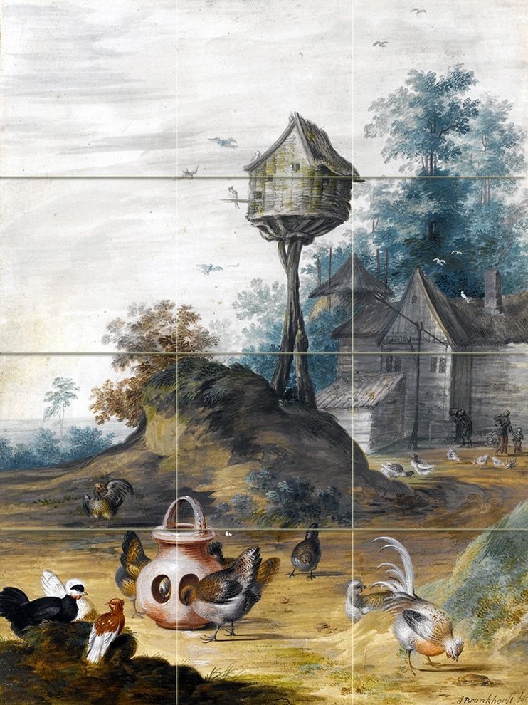 Tile Mural A Farmyard Scene With Hens Feeding, 4.25" Ceramic, Glossy ...