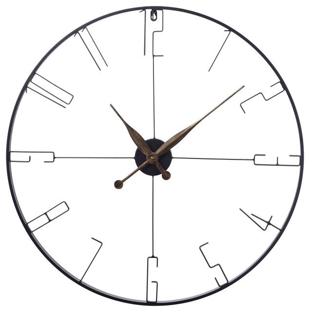 Metal Round Wall Clock Bronze Accents Matte Black Finish - Industrial ...