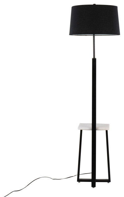 Cosmo Shelf Floor Lamp, White Marble/Black Metal With Black Linen Shade ...