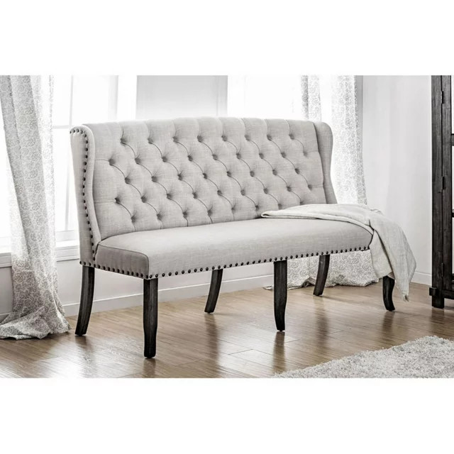 Ivory Accent Bench, Diamond Tufted Back and Nailhead Trim, Antique ...