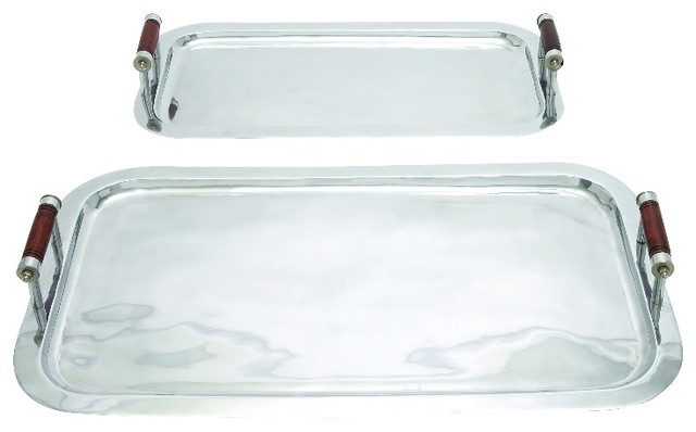 Modern Metal Serving Trays, Silver/Wooden Handles, Set of 2 ...