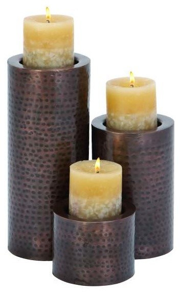 Antiqued Metal Glass Candle Holder Set Of 3 Benzara Traditional