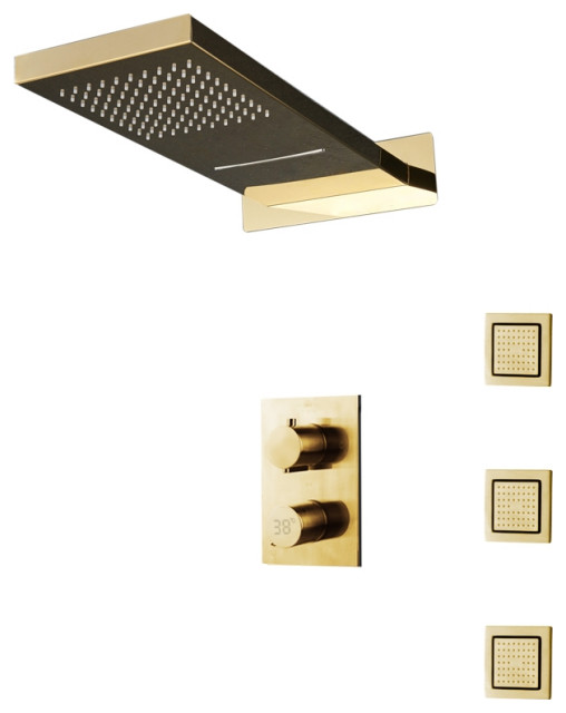 22" Brushed Gold Digital Rainfall Shower System, 3 Jetted Body ...