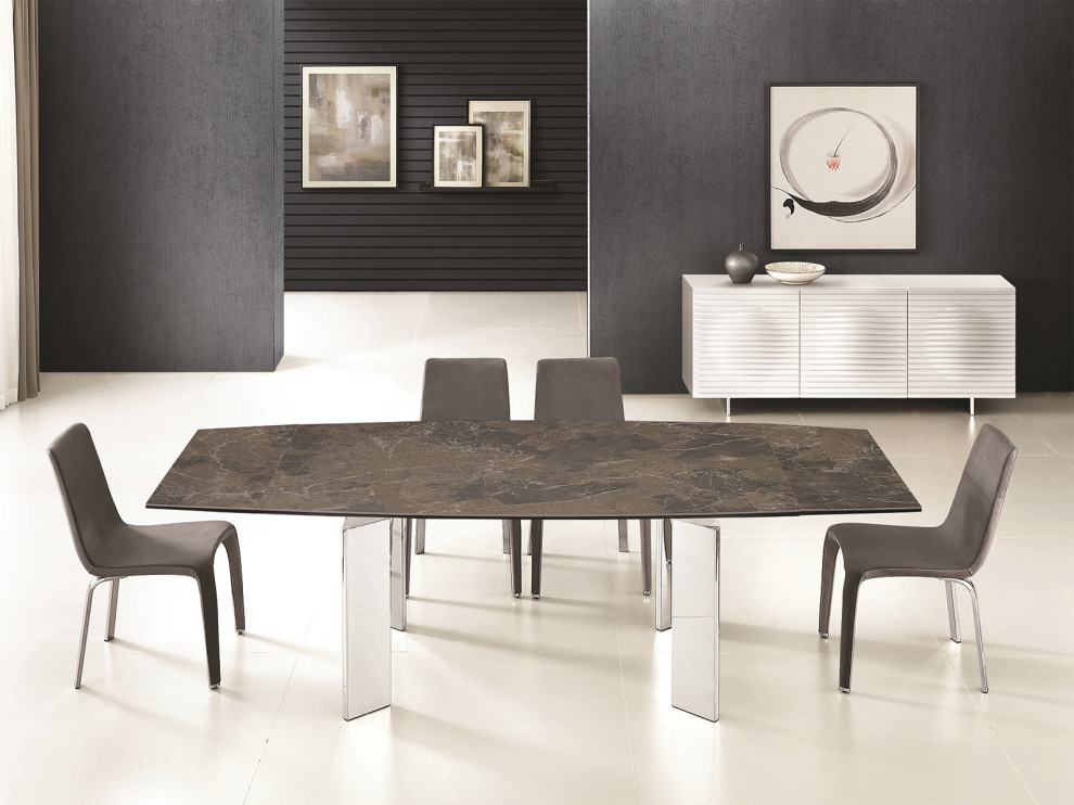 Astor Manual Dining Table with Stainless Base and Brown Marbled ...