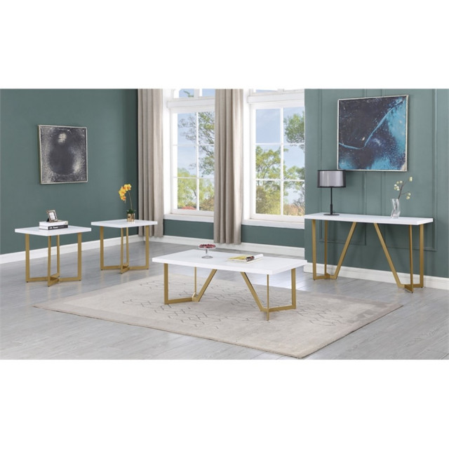 4pc White Wood Coffee Table Set with Gold Painted Legs - Contemporary ...