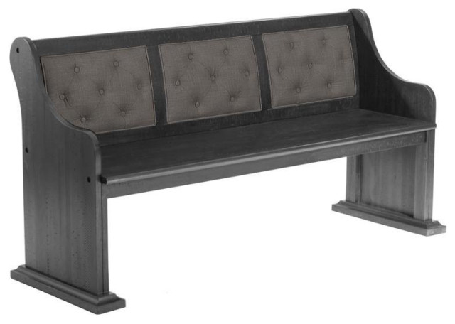 Dark Gray Wood Dining Bench with Gray Linen Tufted Seat Back ...