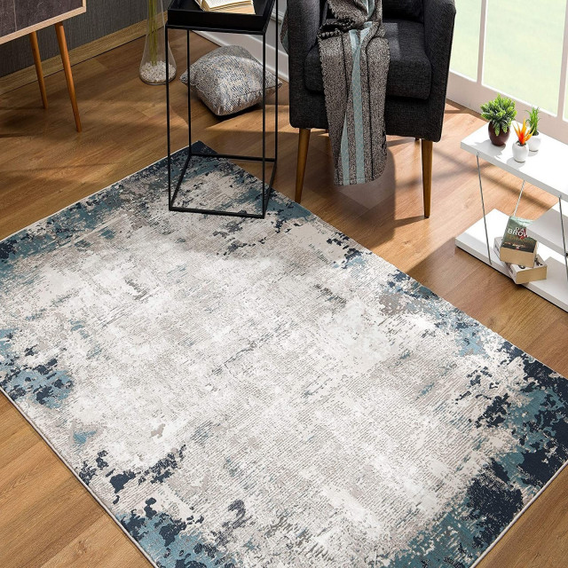 5' X 8' Blue And Ivory Modern Abstract Area Rug - Contemporary - Area ...