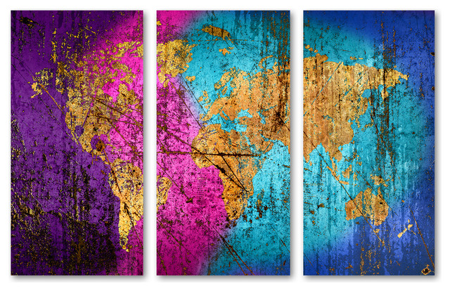 Abstract Wave Wall Art World Map Canvas Print, 3 Panel Split, Triptych ...