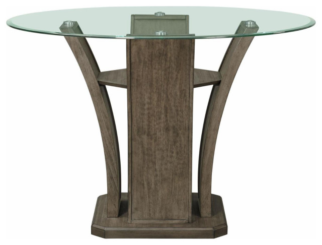 Transitional Counter Dining Table, Unique Wooden Base & Round Glass Top ...