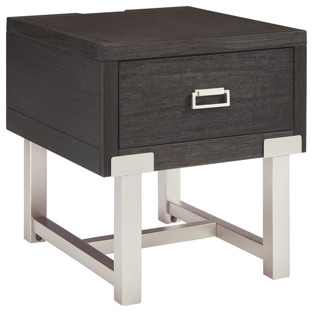 Benzara BM226560 1 Drawer Wooden End Table with Metal Legs & USB Plug ...