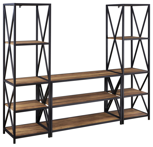 3-Piece Rustic Industrial Bookcase Set - Rustic Oak - Industrial ...