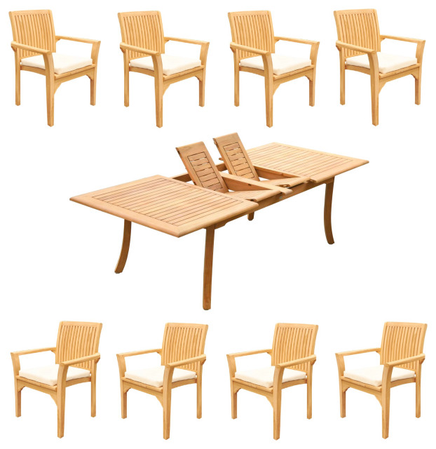 9-Piece Outdoor Teak Dining Set: 94" Rectangle Table, 8 Lua Stacking Arm Chairs - Transitional ...