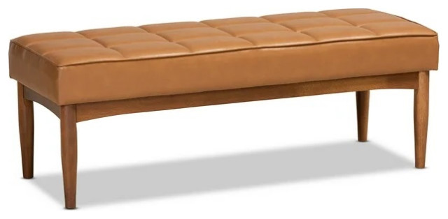 Midcentury Modern Tan Tufted Upholstered Bench with Faux Leather ...