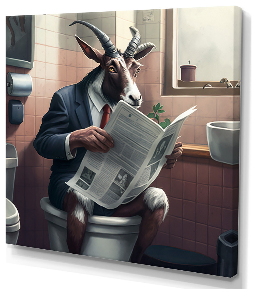 Goat On Toilet Reading News Canvas, 16x16 - Eclectic - Prints And ...