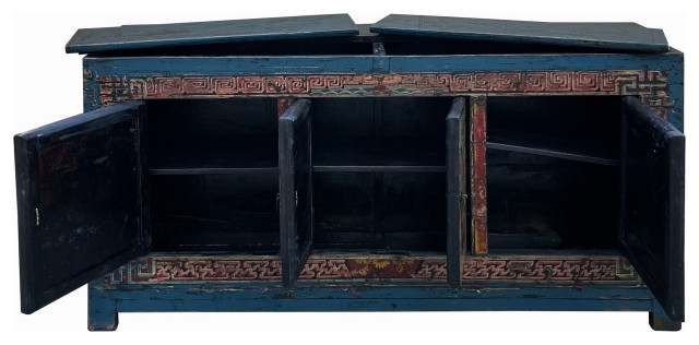Chinese Distressed Blue Red Tiger Graphic Sideboard Console Cabinet ...