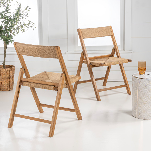 Kiawah Coastal Modern Wood Woven Seagrass Folding Chair, Natural, Set ...