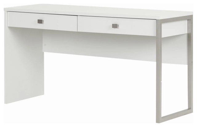 Contemporary Desk, Pure White Wooden Top & 2 Drawers With Square Pull ...