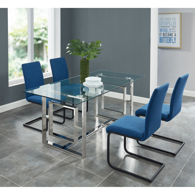 Modern Dining Table, Geometric Lattice Polished Silver Legs With Clear ...