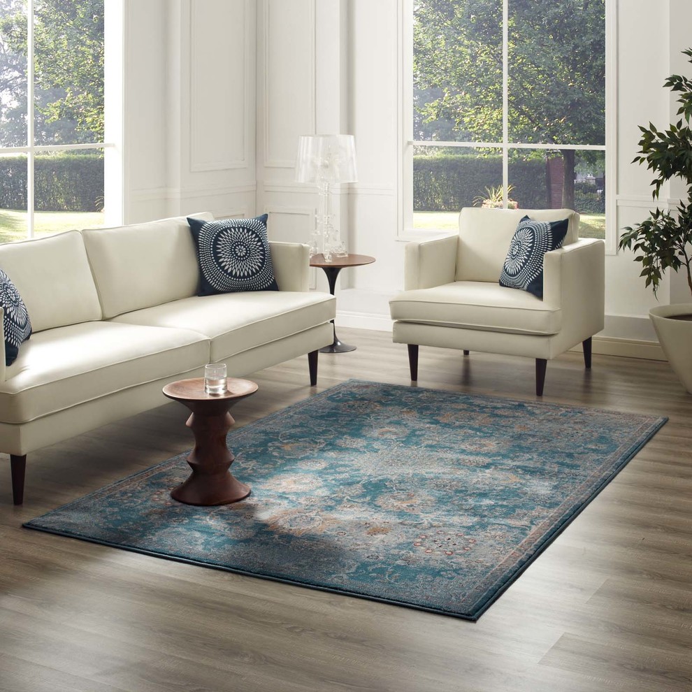 Country Farm Living Area Rug, Distressed Vintage, Blue - Contemporary ...