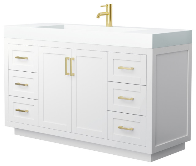 Miranda 60" Single Vanity, White, 4" White Top, Integrated Brushed Gold ...