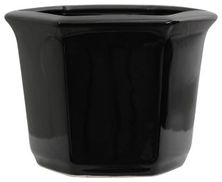 10" Solid Black Porcelain Flower Pot - Contemporary - Indoor Pots And ...