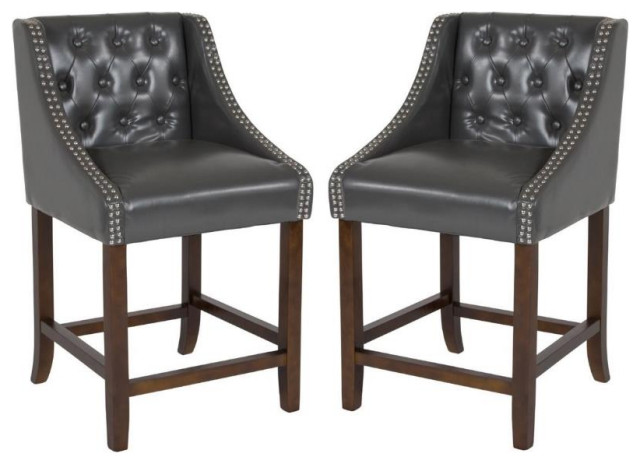 Home Square 2 Piece 24" Leather Tufted Counter Stool Set in Dark Gray ...