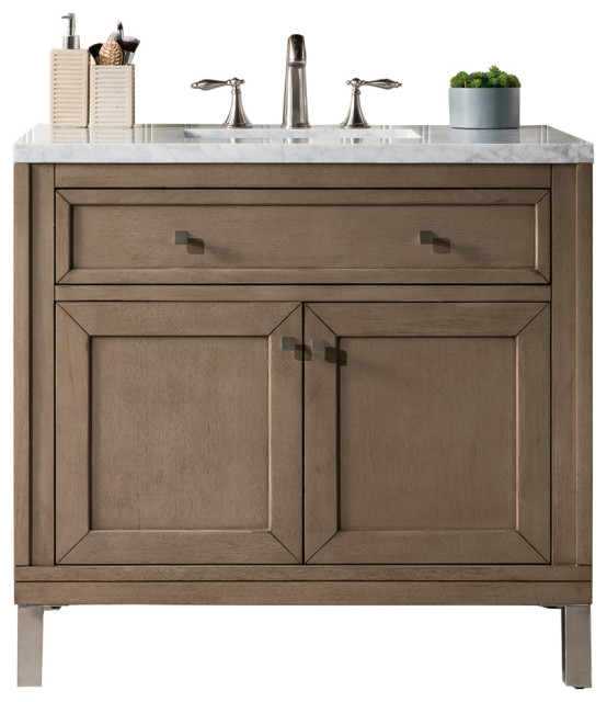 Chicago 36" Whitewashed Walnut Vanity, Carrara Marble Top ...