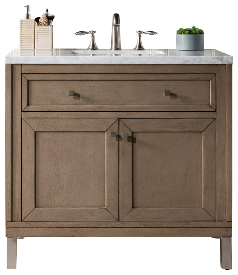 Chicago 36" Whitewashed Walnut Vanity, Carrara Marble Top ...