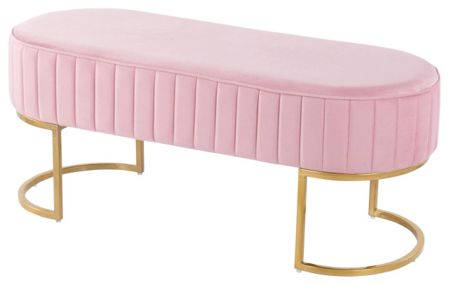 Demi Glam Pleated Bench, Gold Steel/Pink Velvet - Contemporary ...