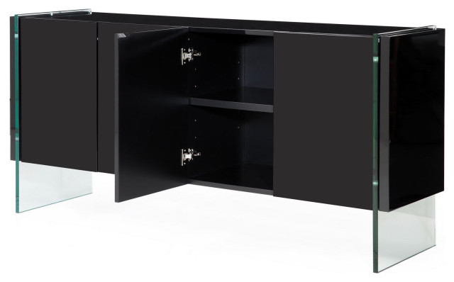 Modern Art Buffet Black Lacquer Cabinets Tempered Glass Base ...