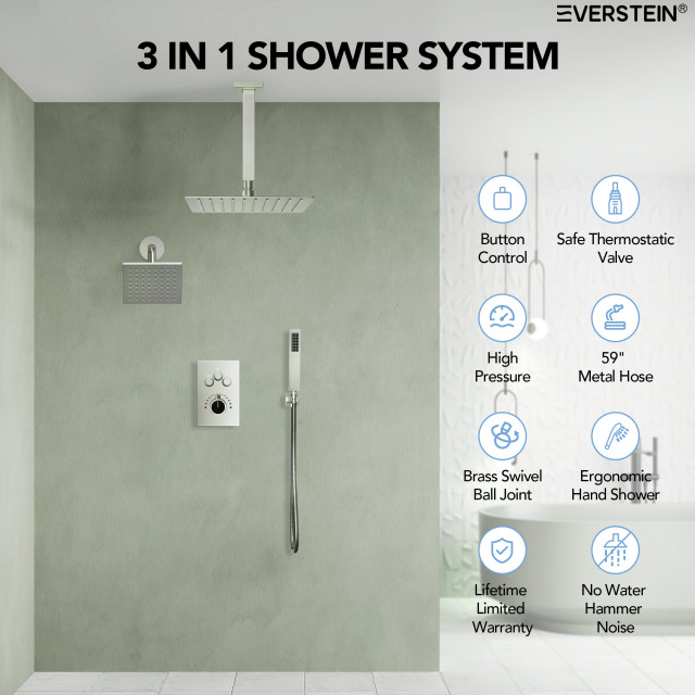 Dual Heads 12" Rain High Pressure Shower System w/ 3 Way Thermostatic ...