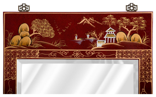Red Lacquer Chinoiserie Scenery Motif Chinese Vertical Mirror - Asian ...