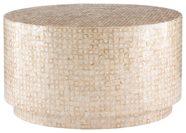 Linon Maui Round Coffee/Accent Table in Gold/Ivory Capiz Shell Mosaic Finish - Beach Style ...