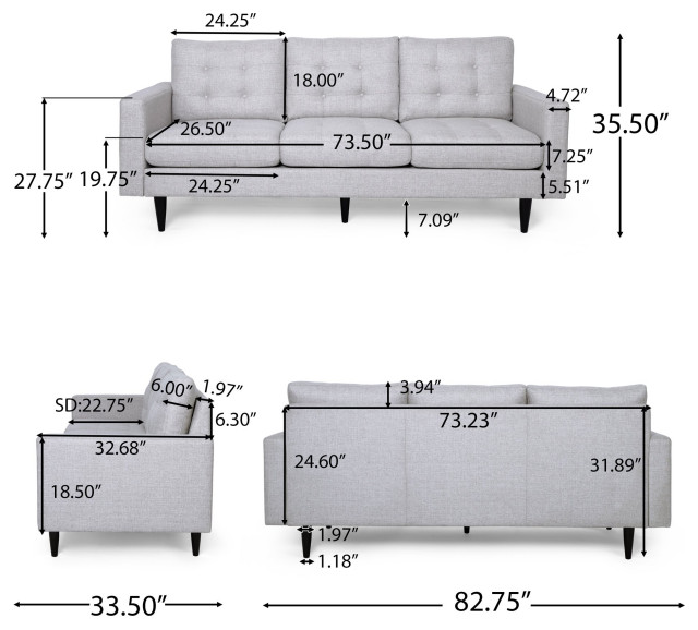 Contemporary Sofa, Cushioned Seat & Back With Waffle Button Tufting ...
