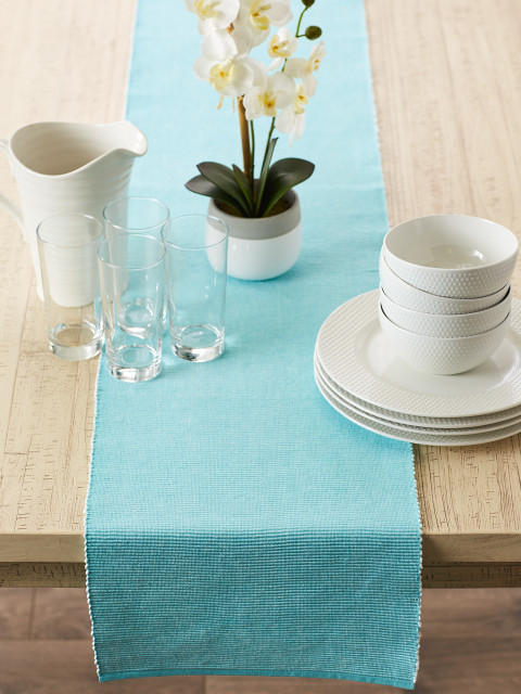 Dii Aqua and White 2-Tone Ribbed Table Runner - Contemporary - Table ...
