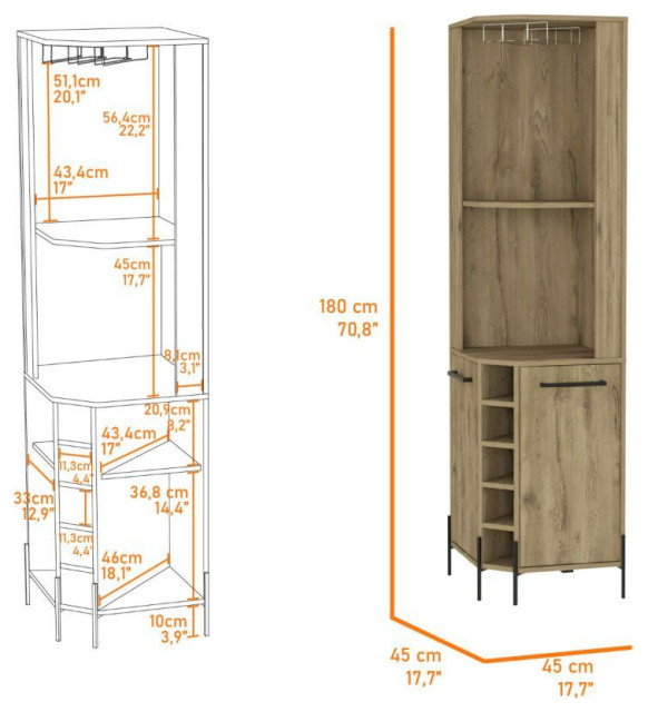 Reese Corner Bar Cabinet with Glass Rack, 5 Wine Cubbies, and Shelves ...