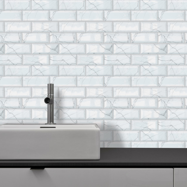 3D White Marble Tile Sticker Peel and Stick Kitchen Backsplash, Set of ...