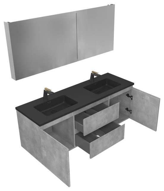 ConceptBaths Edith Wall Mount Bathroom Vanity With Black Top, 60 ...