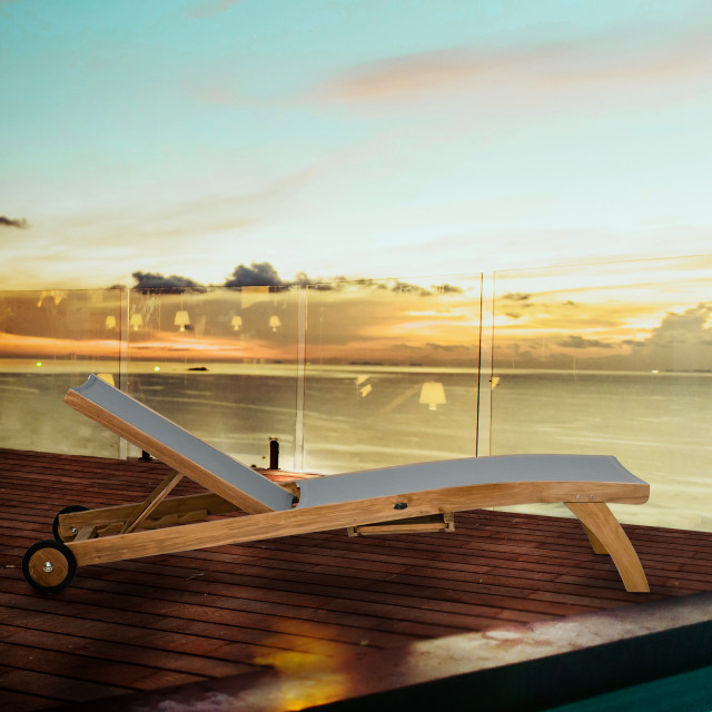 Teak Wood Bahama Pool Lounger With Batyline Mesh, Grey - Transitional ...