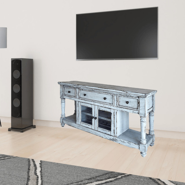 70" Blue Solid Wood Open shelving Distressed TV Stand - French Country ...