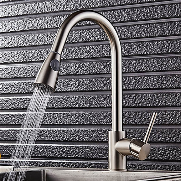 Luna Goose Neck Kitchen Sink Faucet With Pull Out Sprayer, Brushed ...