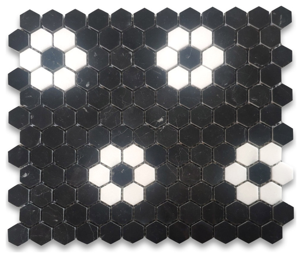 Nero Marquina & Thassos White Marble Rosette 1" Hexagon Tile Polished ...