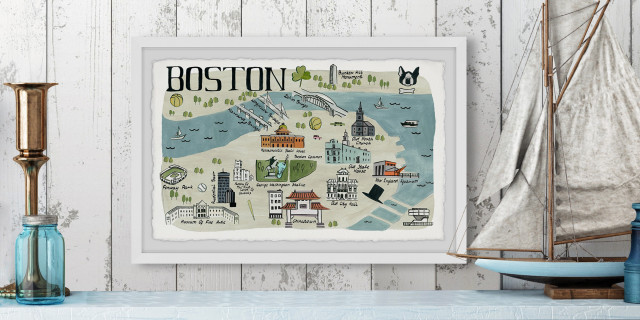"Illustrated Map of Boston" Framed Painting Print, 18"x12 ...