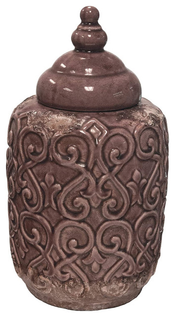 Cement Lidded Jar With Embossed Scroll Design, Crackle Pink ...