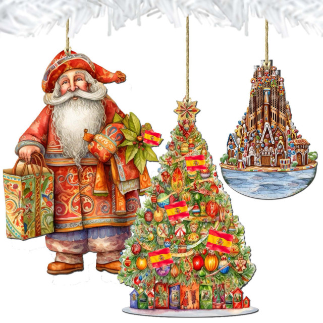 Santa Around the World Spanish Santa Wooden Ornaments Set of 3 G ...