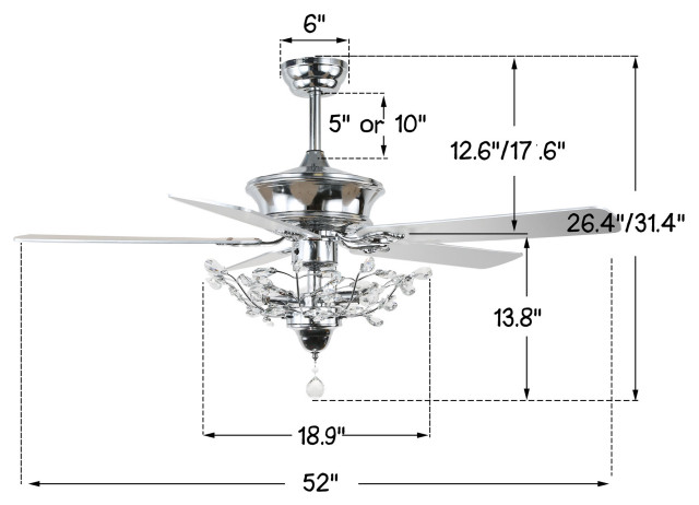 52" Chrome 5-Blade Reversible Branches Crystal Ceiling Fan with Remote ...